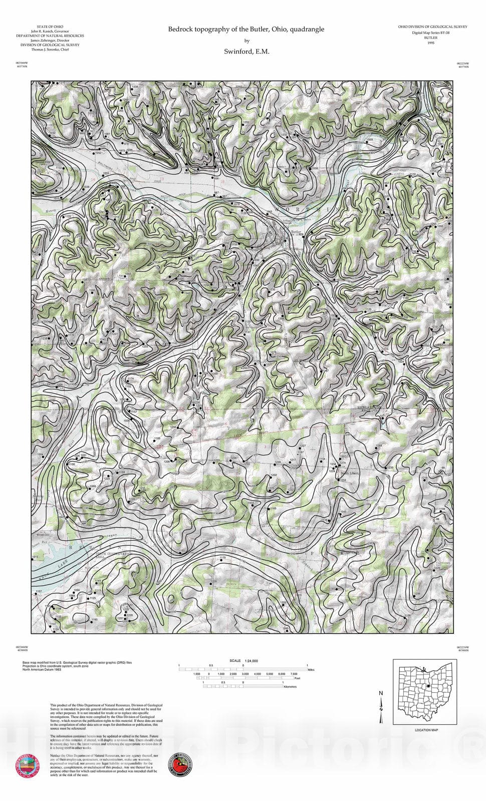 Map : Bedrock topography of the Butler, Ohio, quadrangle, 1995 Cartogr ...