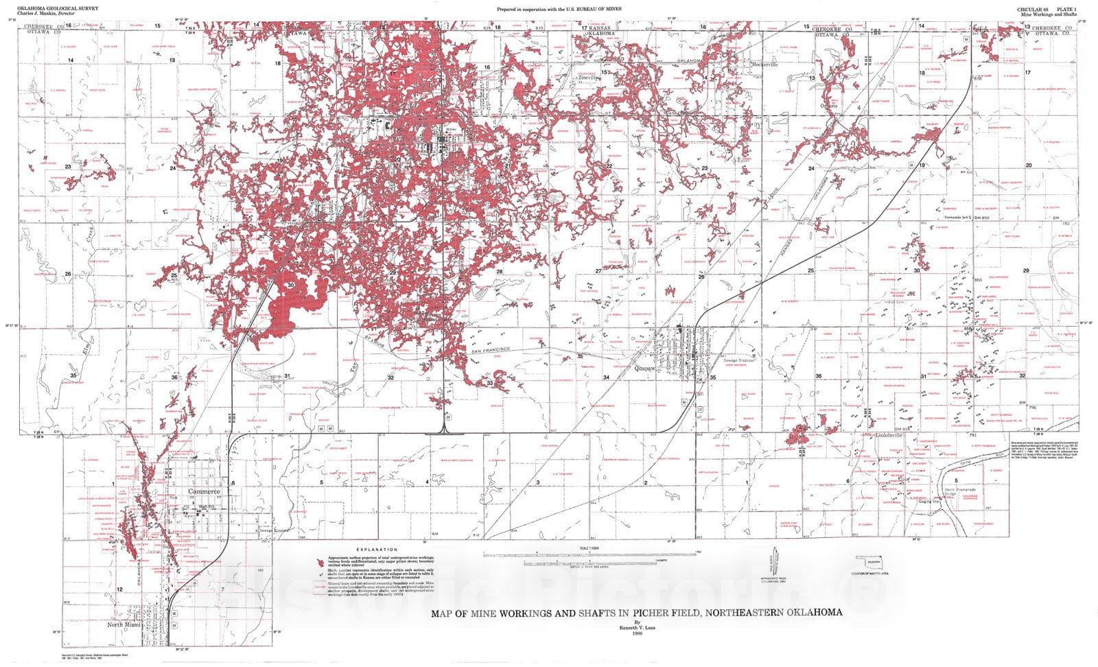 Map : Plate 1. Map of mine workings and shafts in Picher field, northe ...
