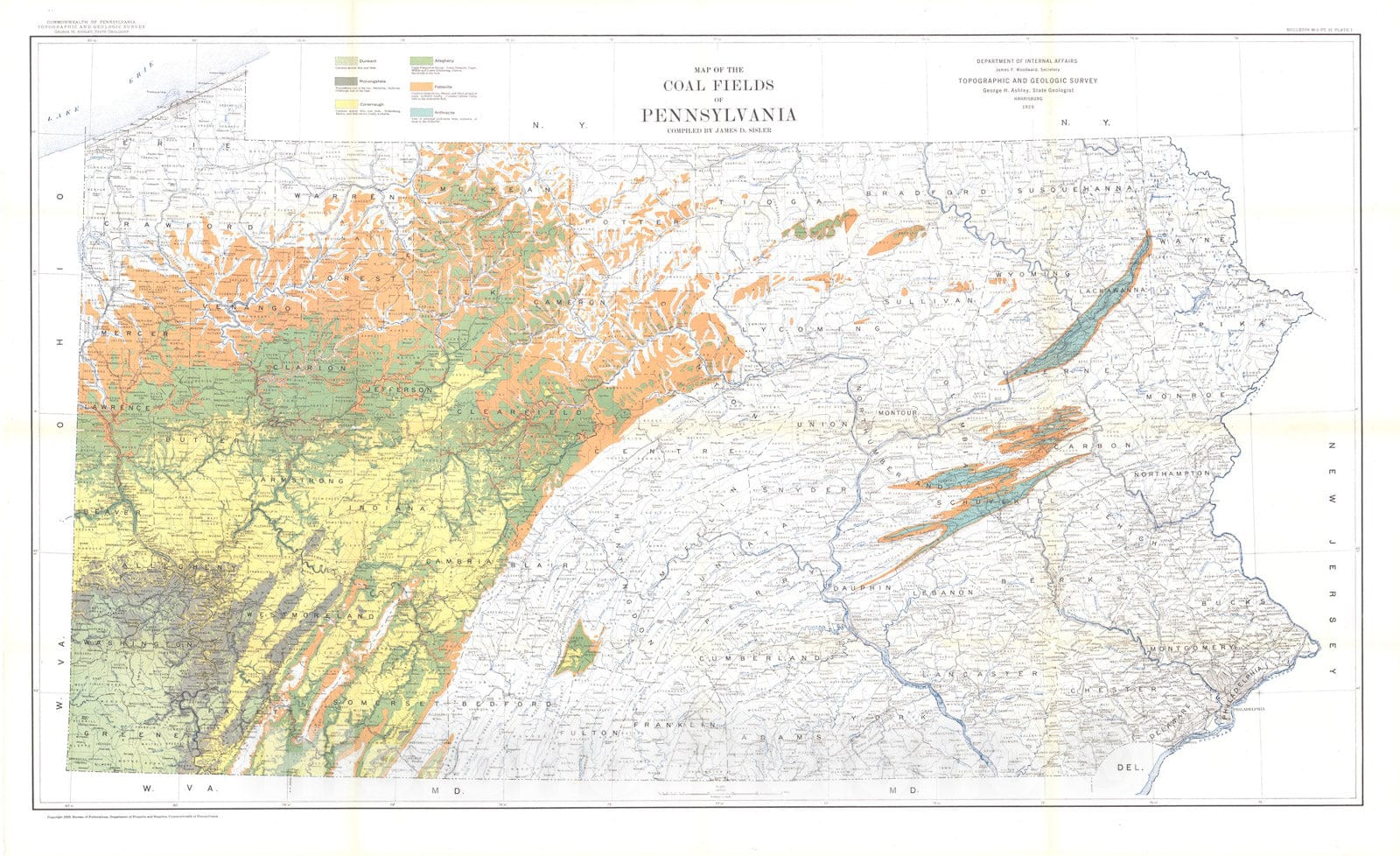 Map : Map of the coal fields of Pennsylvania, 1929 Cartography Wall Ar ...