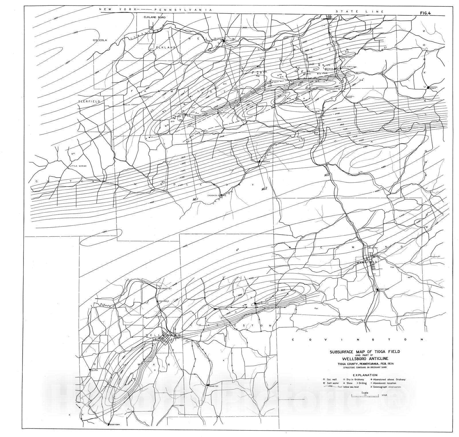 Map : Gas in Tioga County, Pennsylvania, 1934 Cartography Wall Art ...