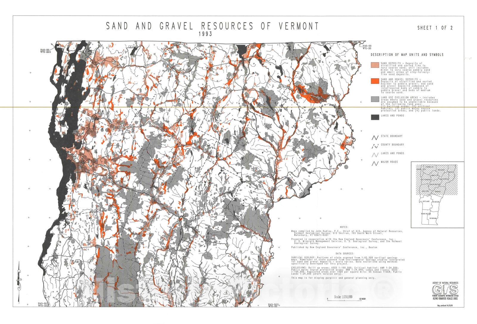 Map : Sand and Gravel Resource Map of Vermont, 1993 Cartography Wall A ...