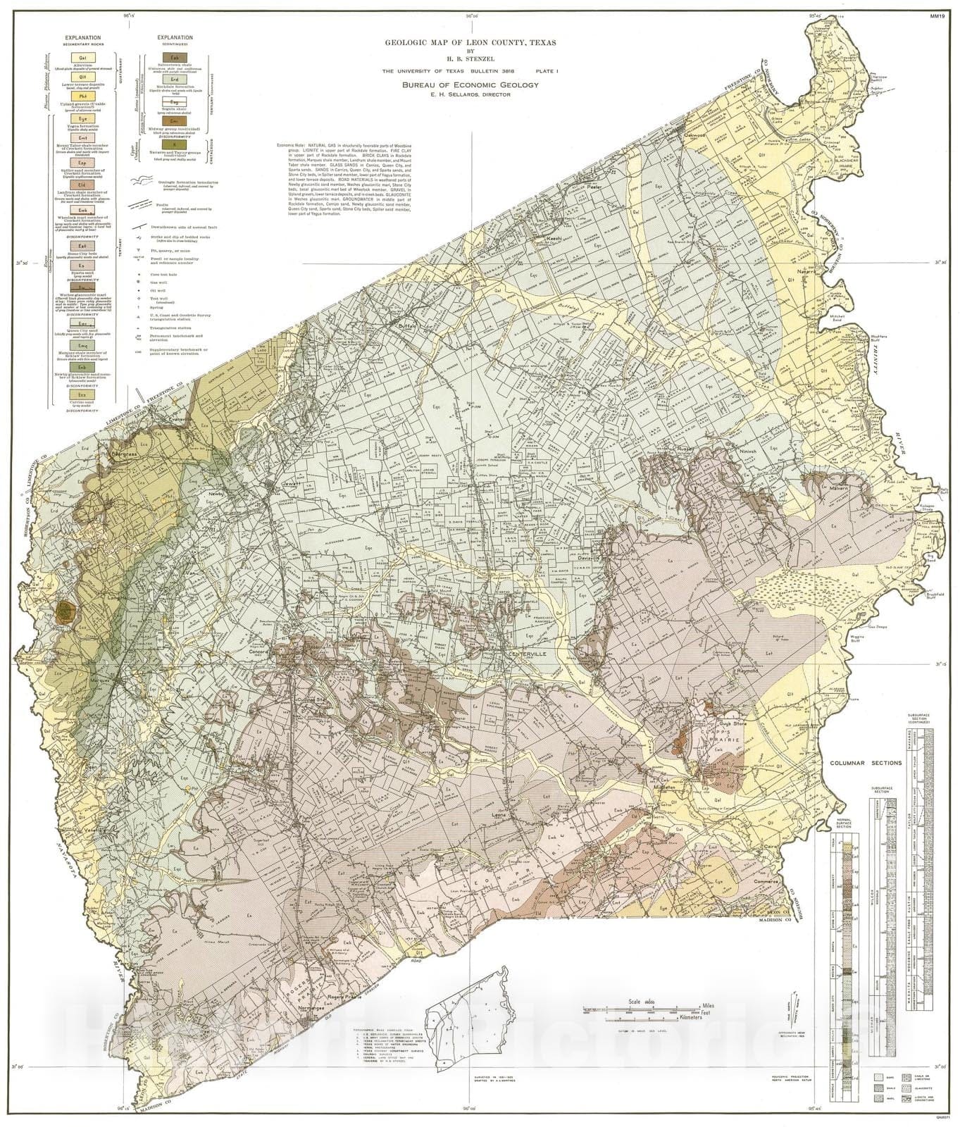 Map : Geologic Map of Leon County, Texas, 1938 Cartography Wall Art ...