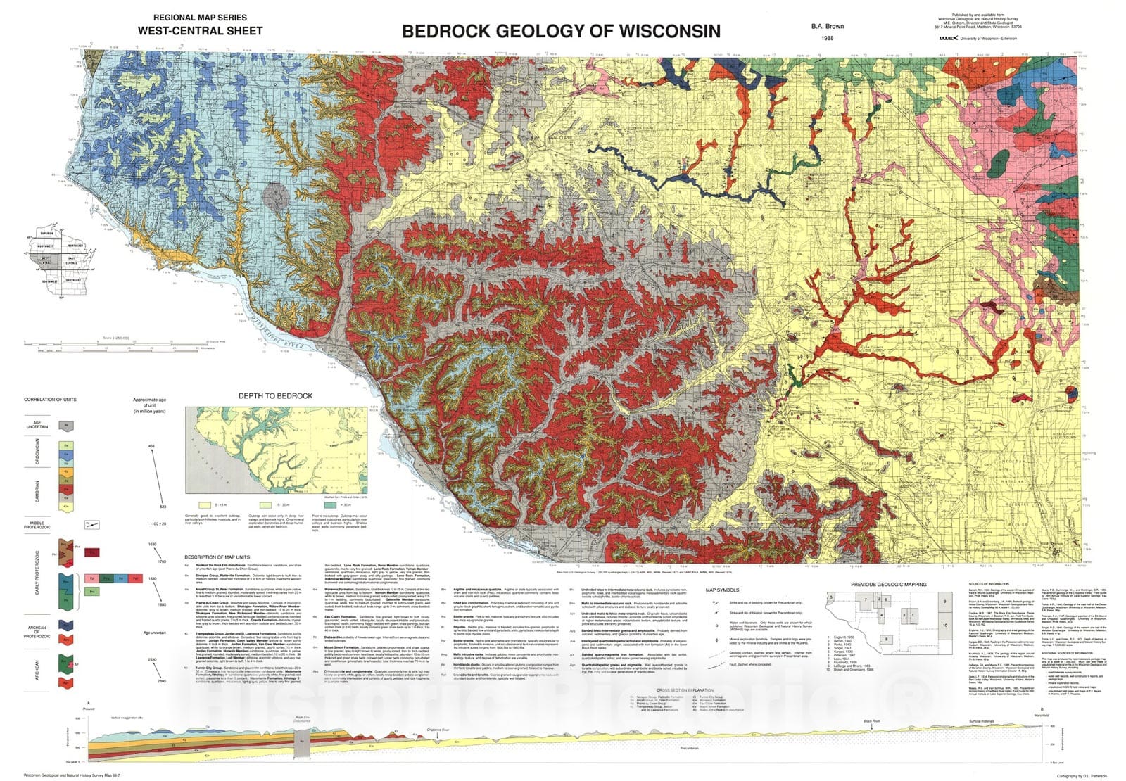 Map : Bedrock Geology of Wisconsin, West-Central Sheet, 1988 Cartograp ...