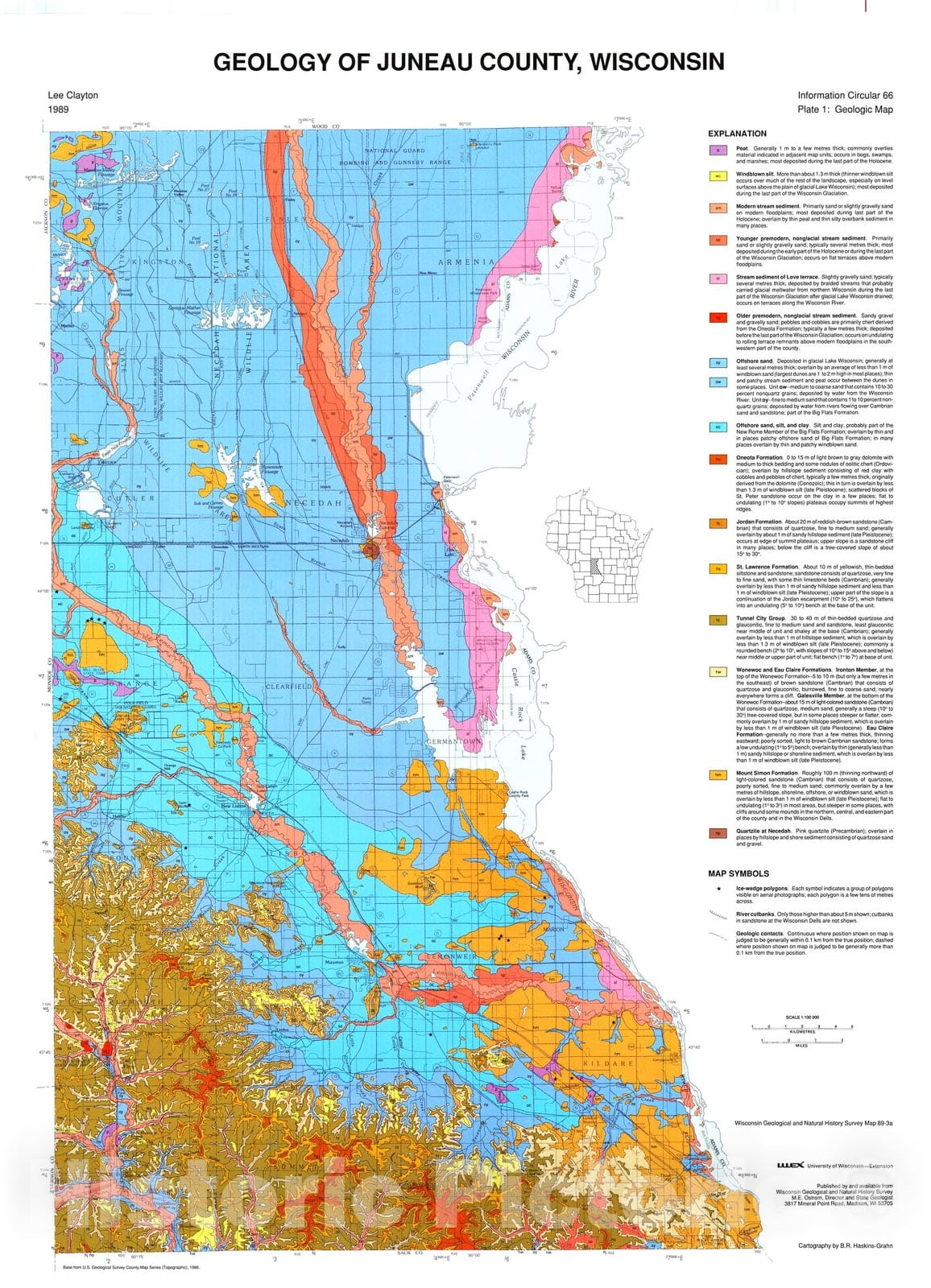 Map : Geology of Juneau County, Wisconsin, 1989 Cartography Wall Art ...