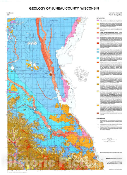 Map : Geology of Juneau County, Wisconsin, 1989 Cartography Wall Art ...