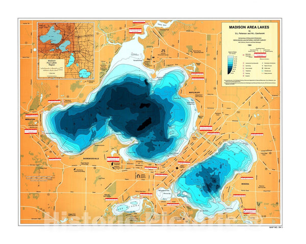 Map : Madison Area Lakes, 1984 Cartography Wall Art : - Historic Pictoric
