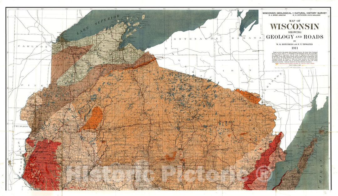 Map : Map of Wisconsin Showing Geology and Roads, 1911 Cartography Wal ...