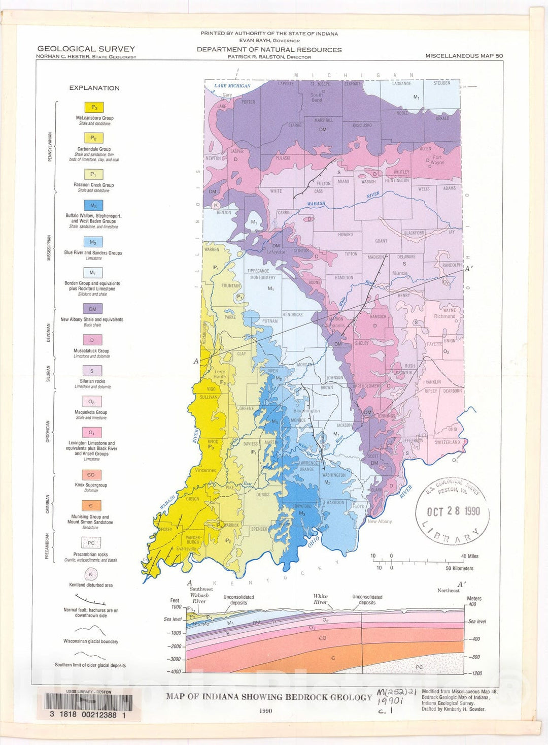 Map : Map of Indiana Showing Bedrock Geology, 1990 Cartography Wall Ar ...