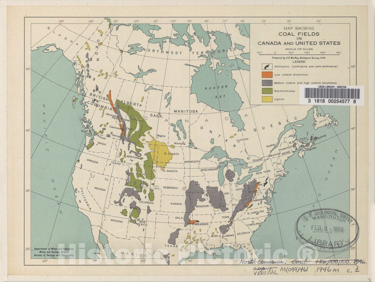 Map : Map showing coal fields in Canada and United States, 1946 Cartog ...