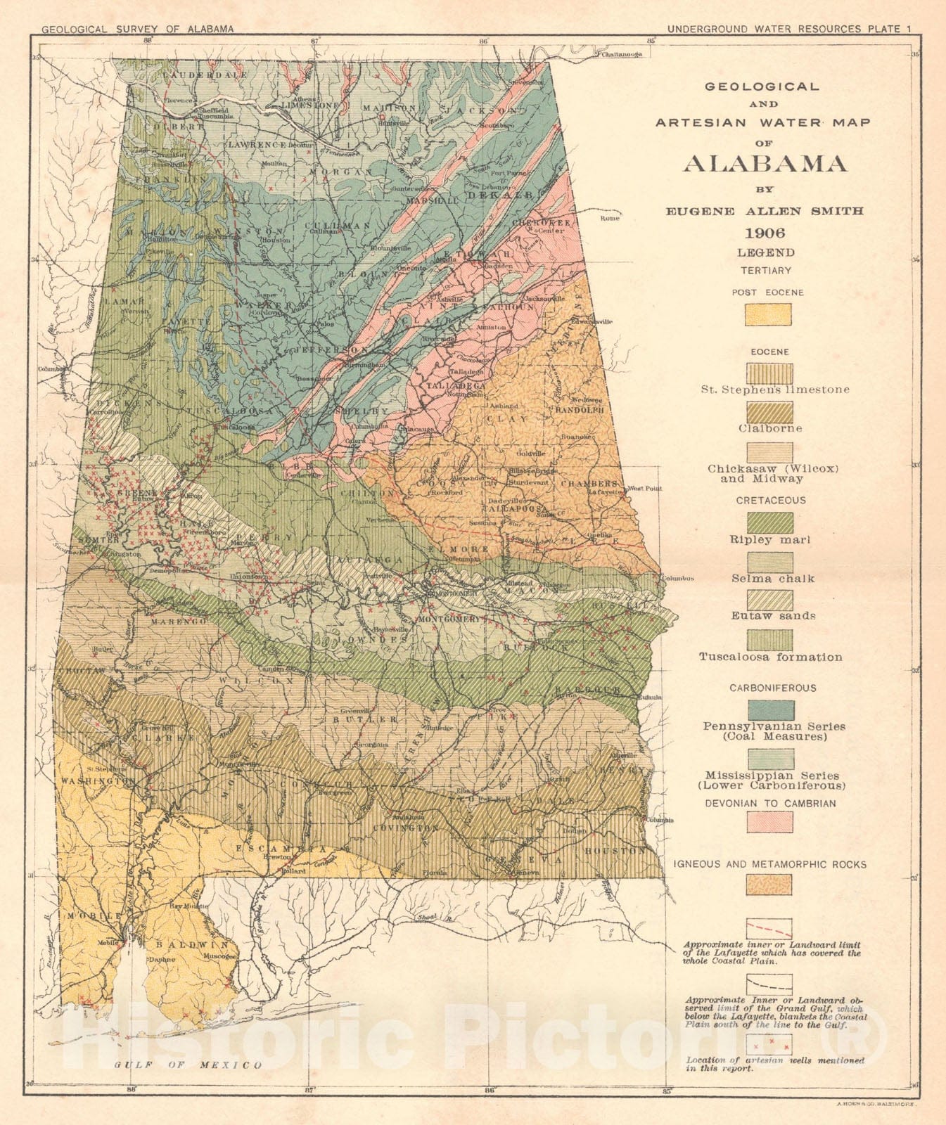 Map : The underground water resources of Alabama, 1907 Cartography Wal ...