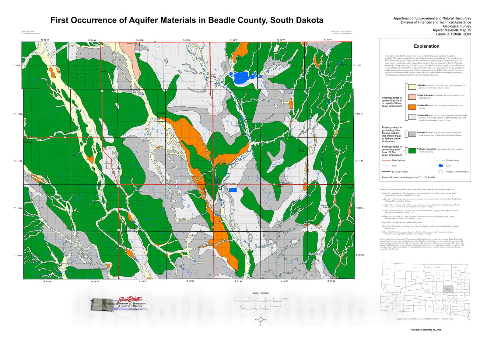 Map : First occurrence of aquifer materials in Beadle County, South Da ...