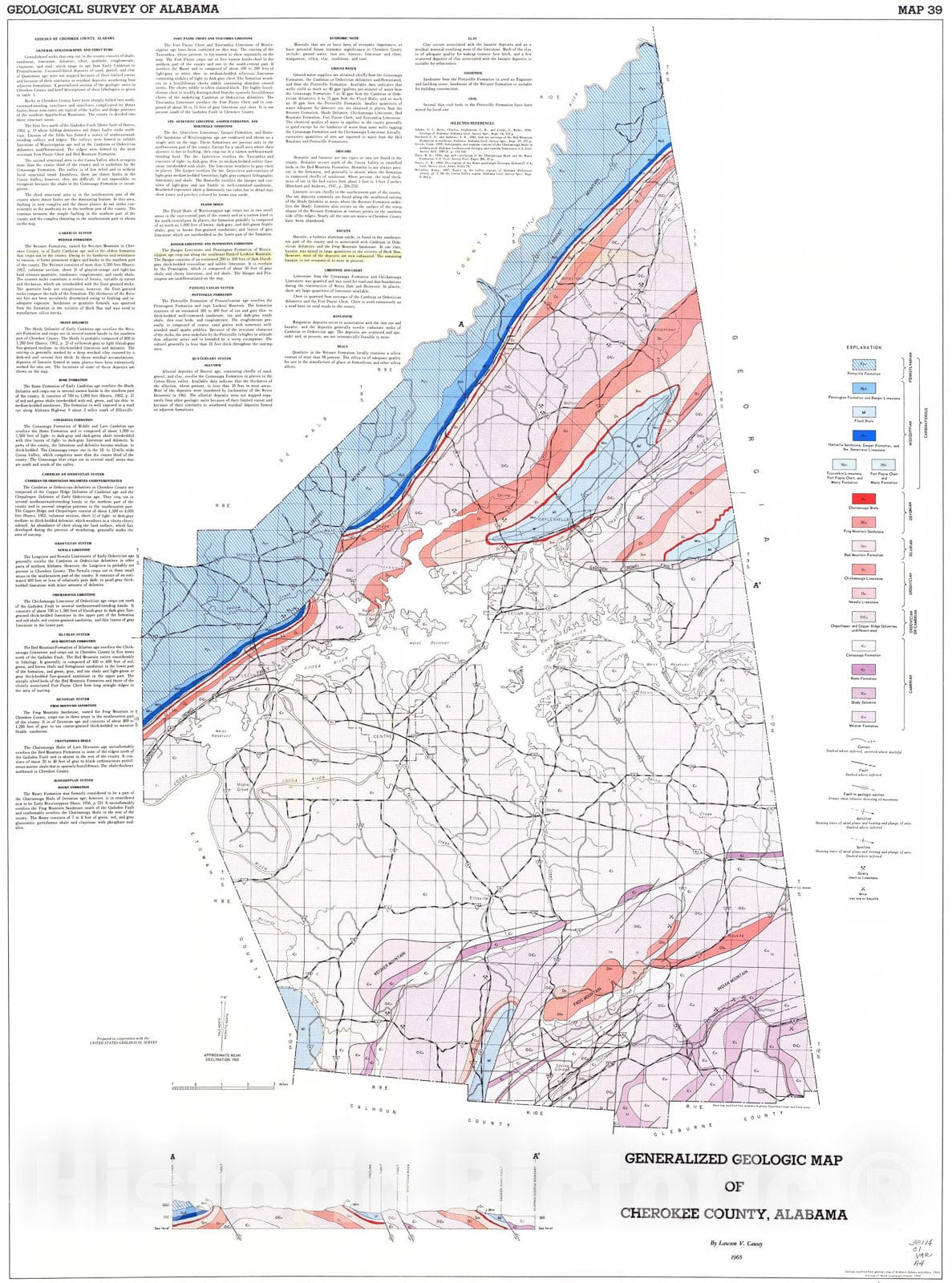 Map : Geologic map of Cherokee County, Alabama, 1965 Cartography Wall ...