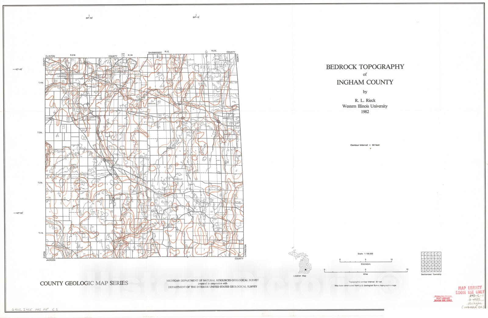 Map : Bedrock Topography of Ingham County, 1982 Cartography Wall Art ...