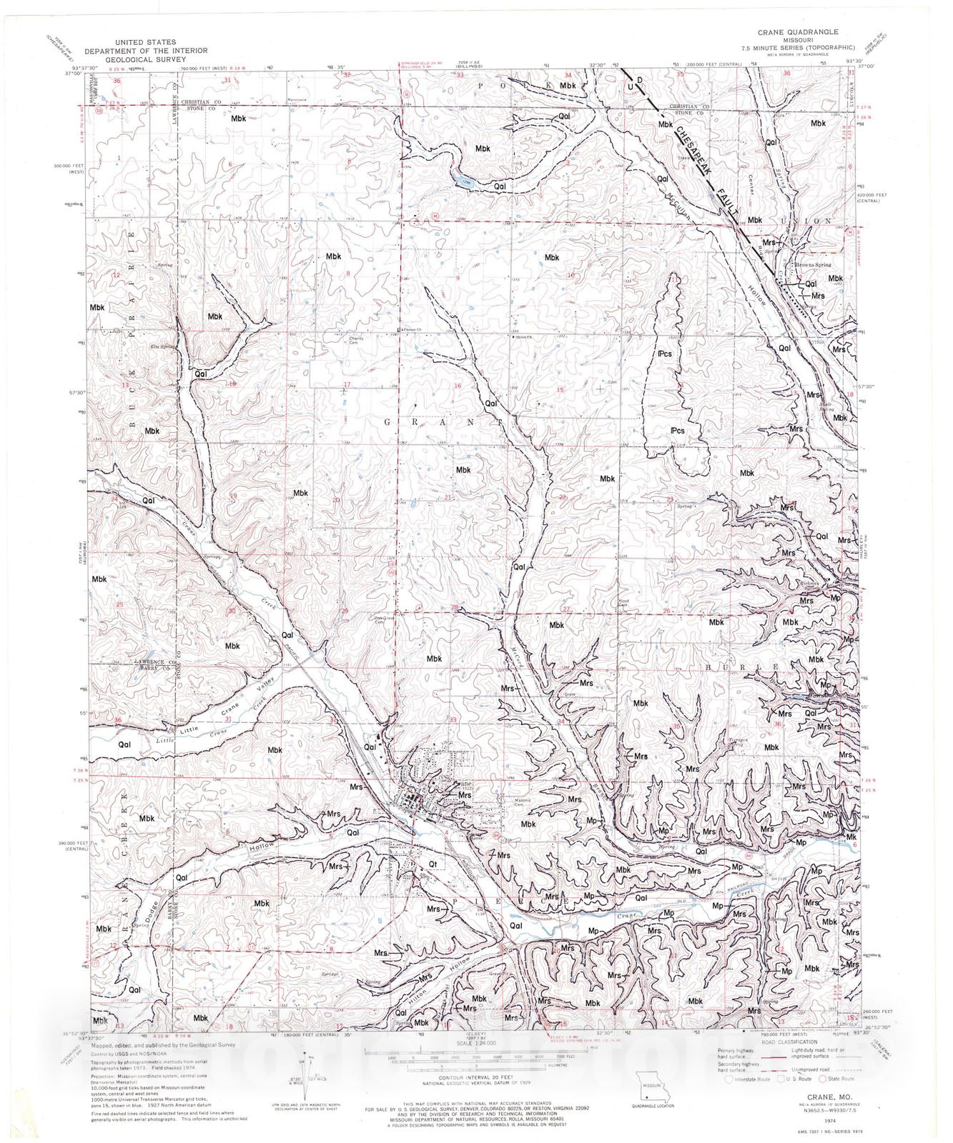 Map : Bedrock geologic map of the Crane seven 1/2' quadrangle, Missour ...