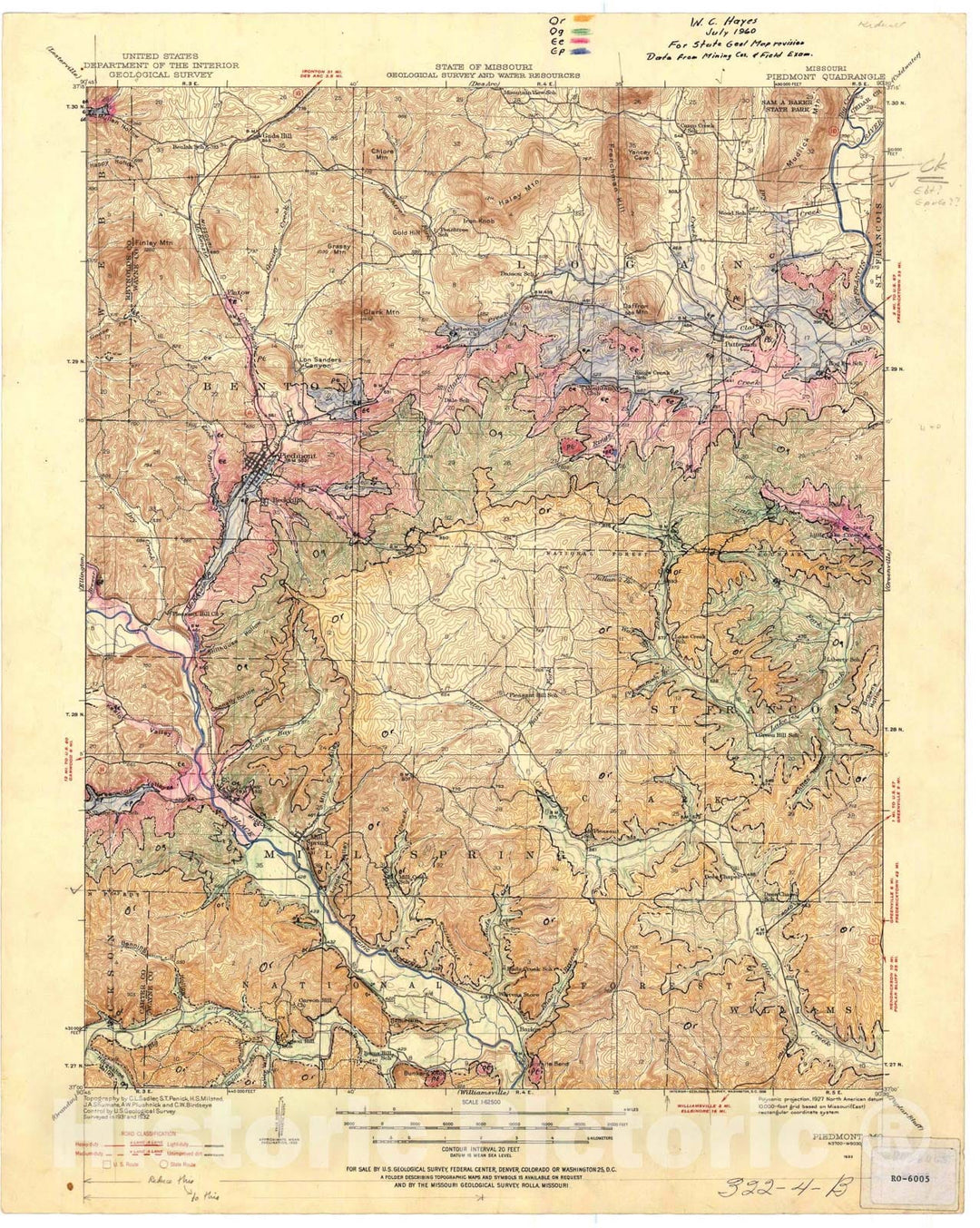 Map : Geologic map of the Piedmont 15' quadrangle, Missouri, 1960 Cart – Historic Pictoric