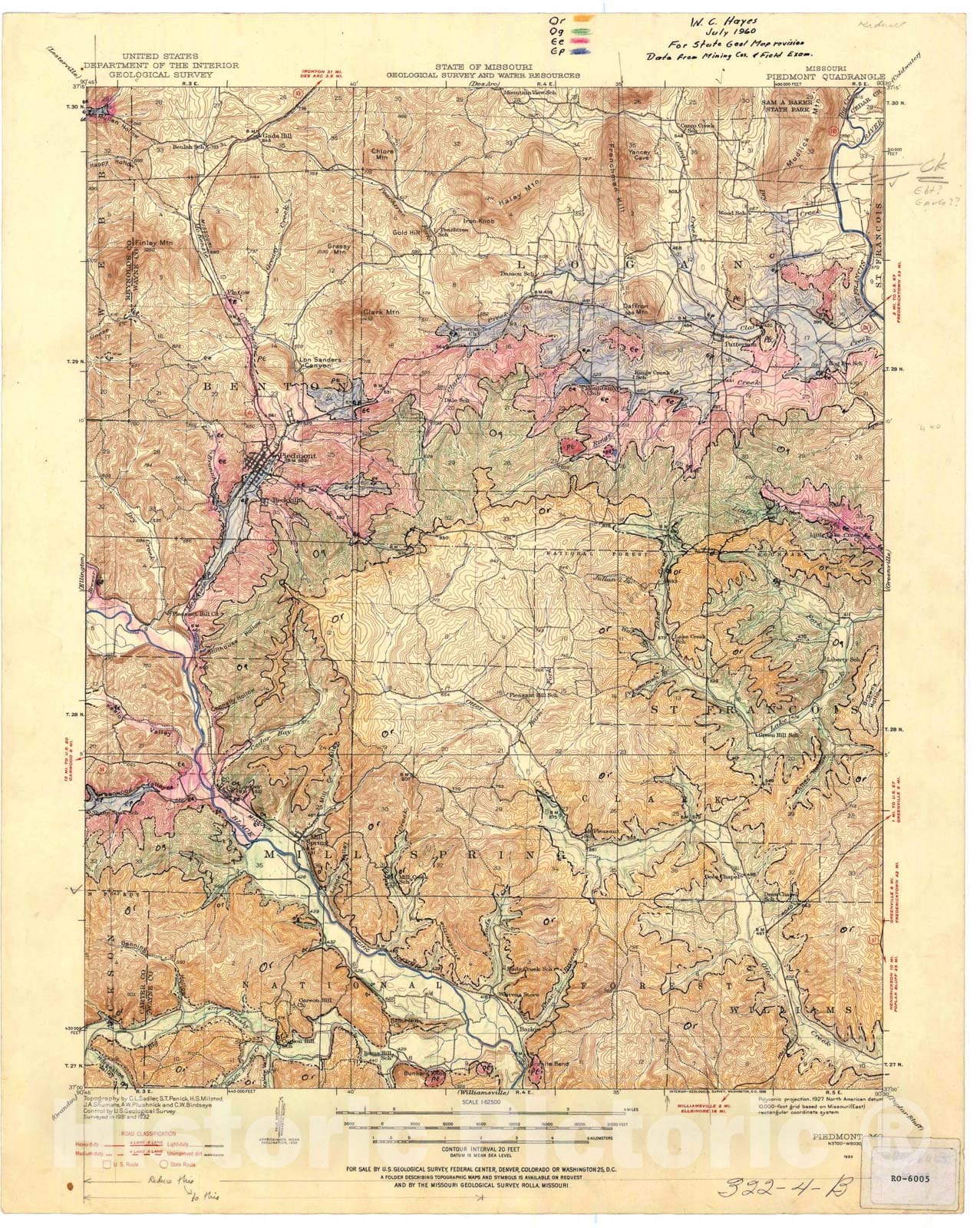 Map : Geologic map of the Piedmont 15' quadrangle, Missouri, 1960 Cart ...
