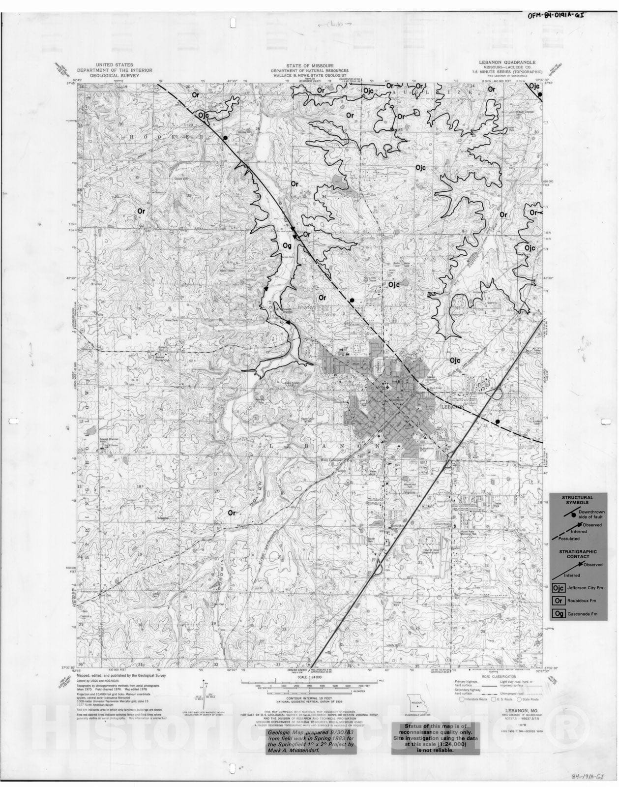 Map : Geologic map of the Lebanon seven 1/2' quadrangle, Missouri, 198 ...