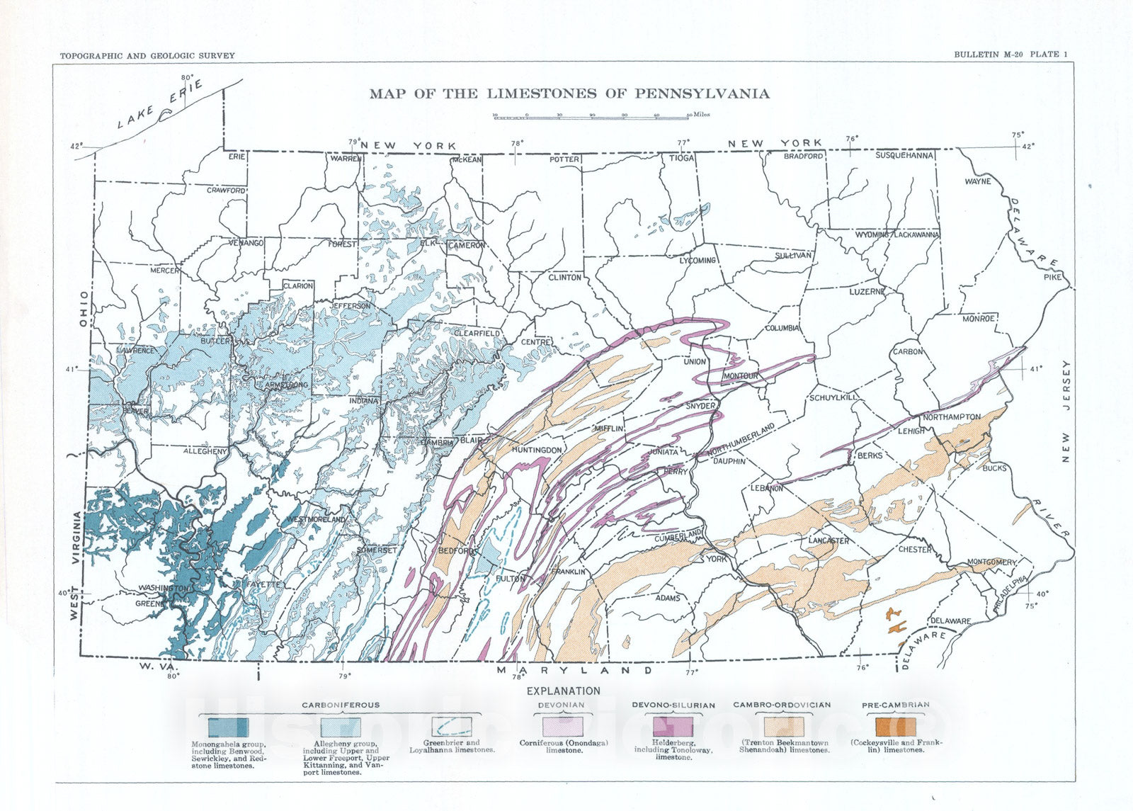 Map : Limestones of Pennsylvania, 1925 Cartography Wall Art ...