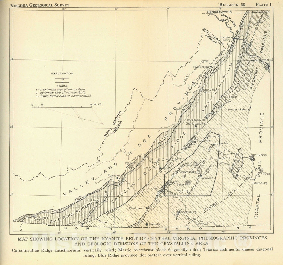 Map : Kyanite in Virginia, 1932 Cartography Wall Art : – Historic Pictoric