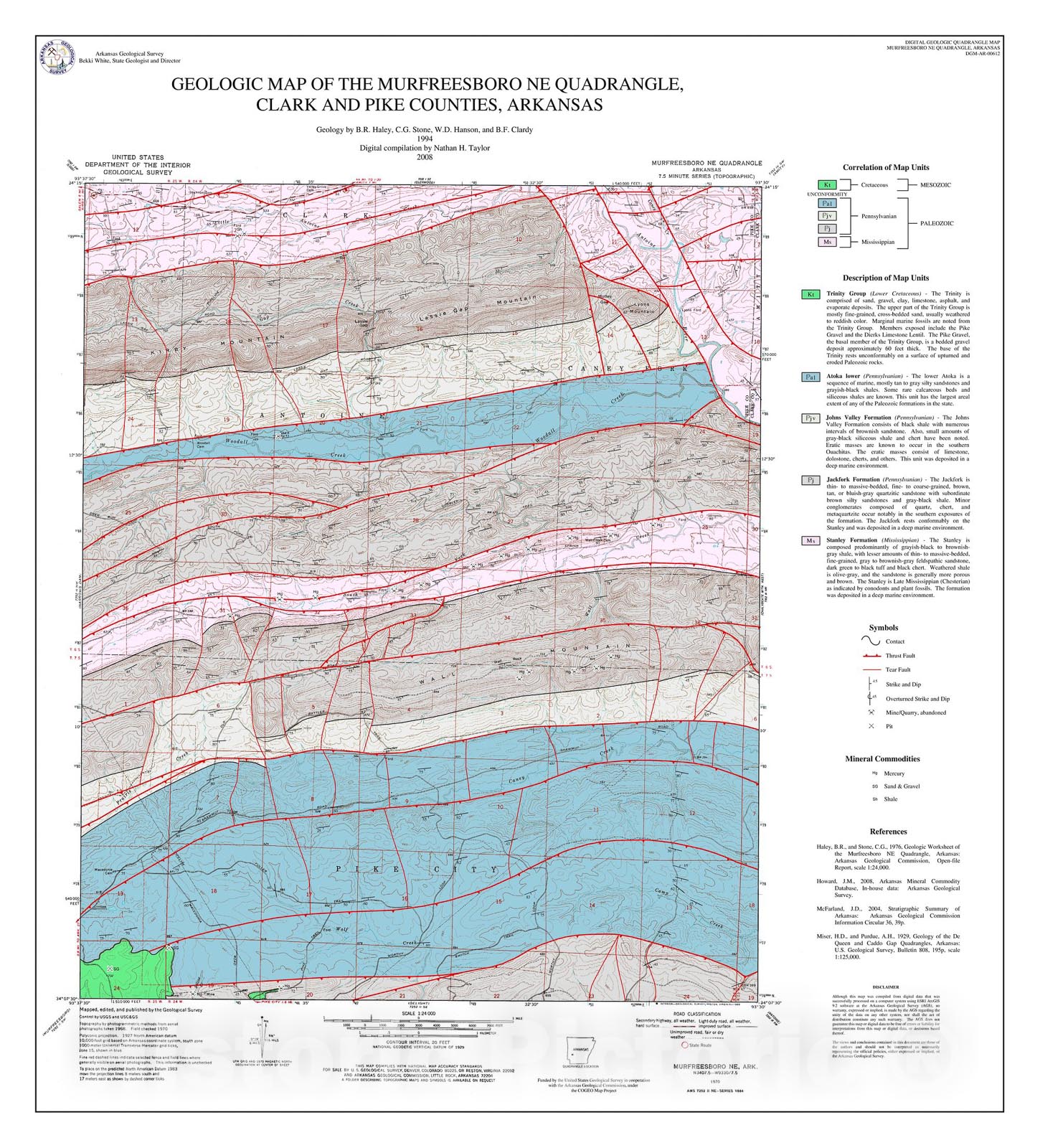 Map : Geologic map of the Murfreesboro NE Quadrangle, Clark and Pike c ...