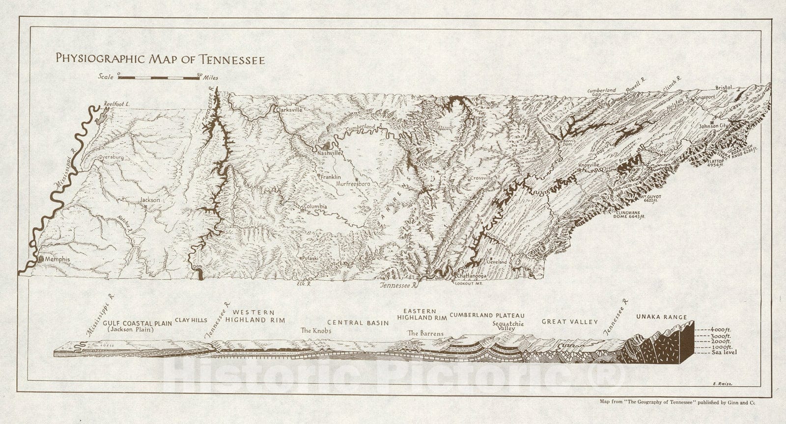 Historic Map : Physiographic Map of Tennessee., 1962, Vintage Wall Art ...