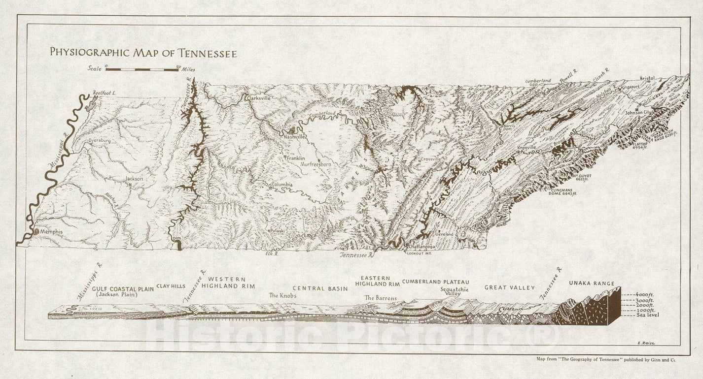 Historic Map : Physiographic Map of Tennessee., 1962, Vintage Wall Art ...