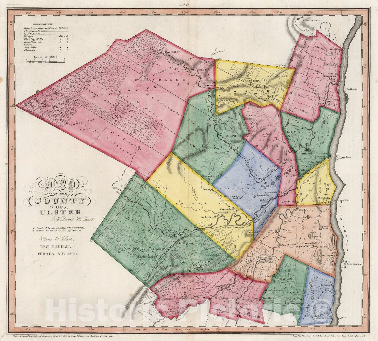 Historic Map : Map of the County of Ulster (New York)., 1840, Vintage ...