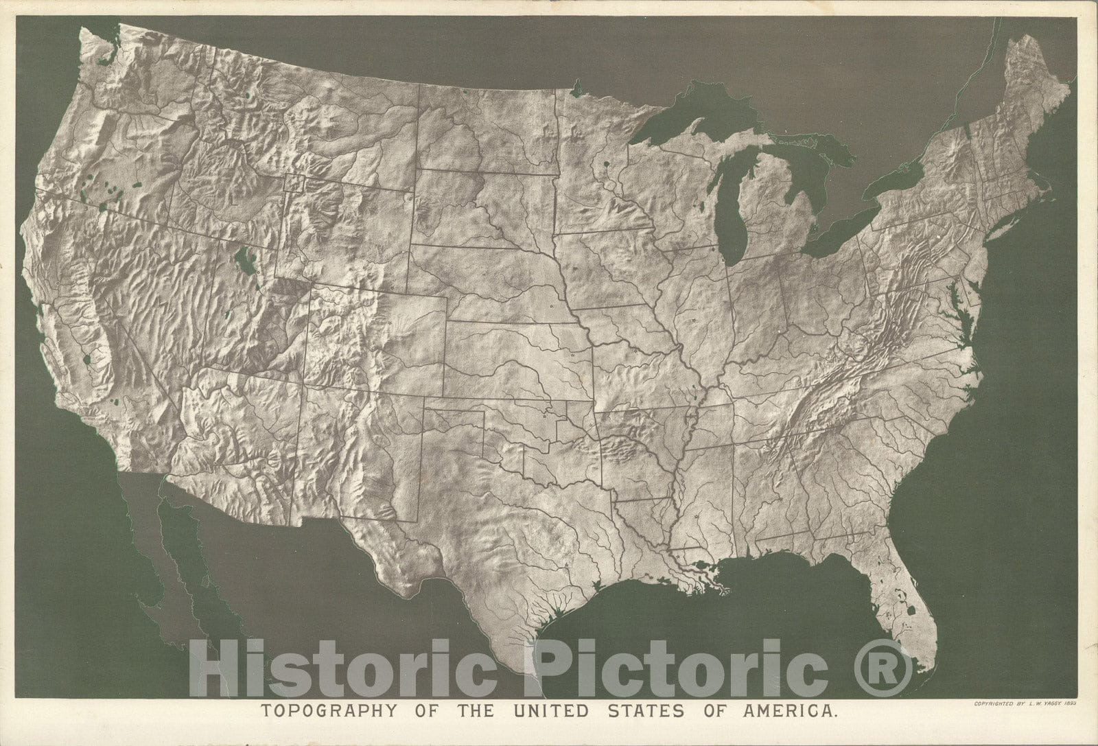 Historic Map : Topography of the United States of America., 1893, Vint ...