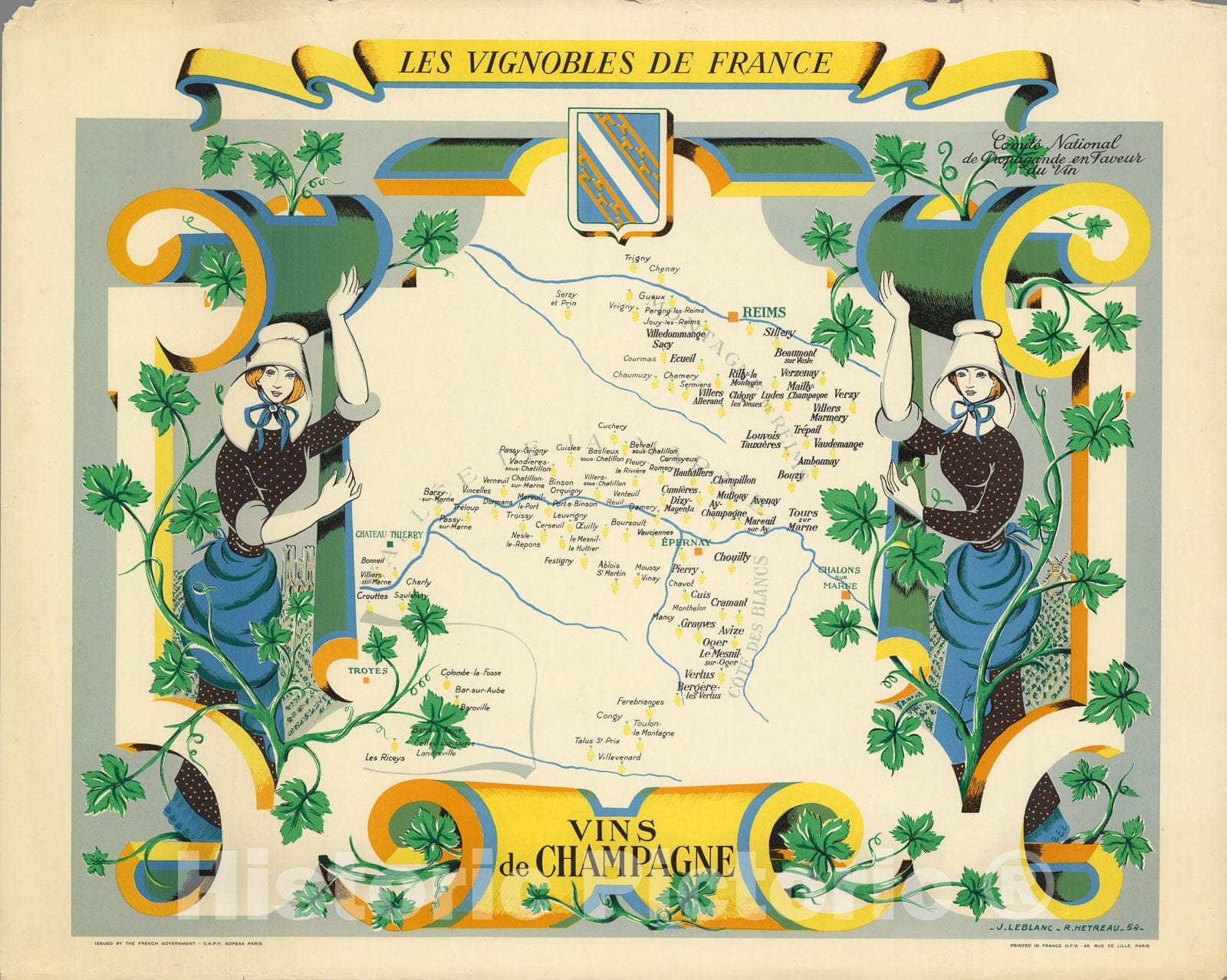 Historic Map : Les Vignobles de France. Vins de Champagne., 1954, Vint ...