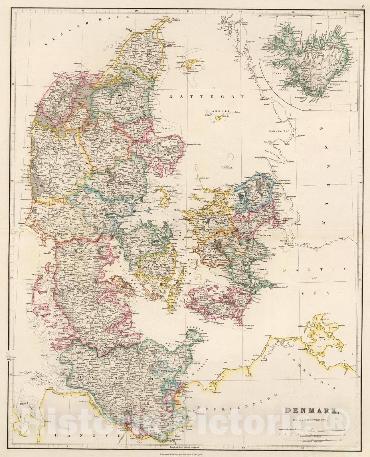 Historic Map : Denmark (with) inset map of Iceland., 1844, Vintage Wal ...