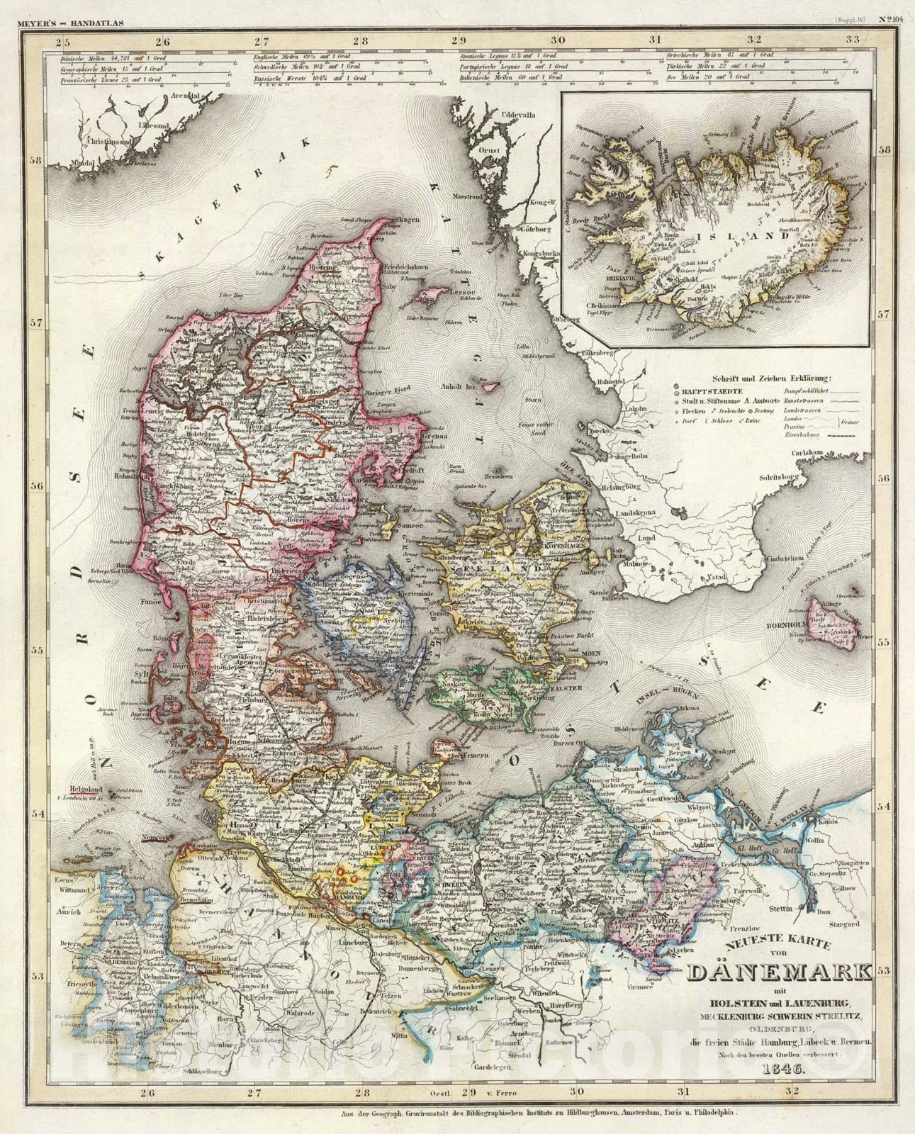 Historic Map : Denmark, Holstein, Mecklenburg, Island., 1846, Vintage ...