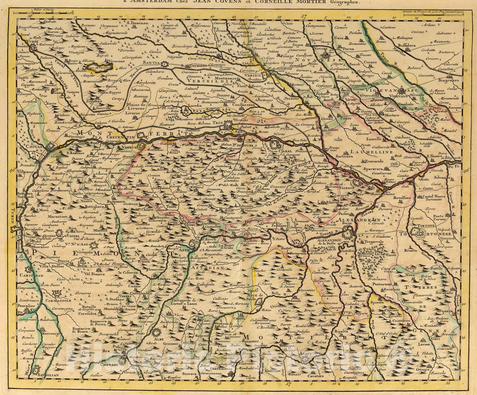 Historic Map : Cours du Po, Piemont-Montferrat., 1735, Vintage Wall Ar ...