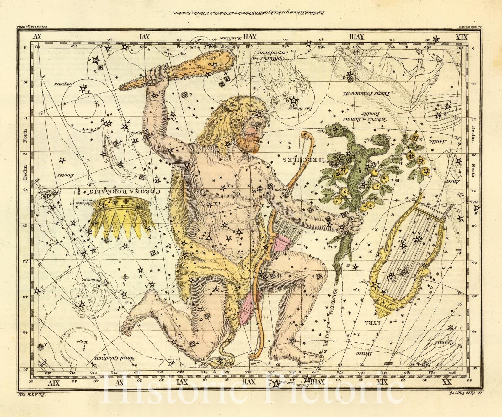 Historic Map : (Corona Borealis, Hercules, Cerberus, Lyra), 1822, Vint ...