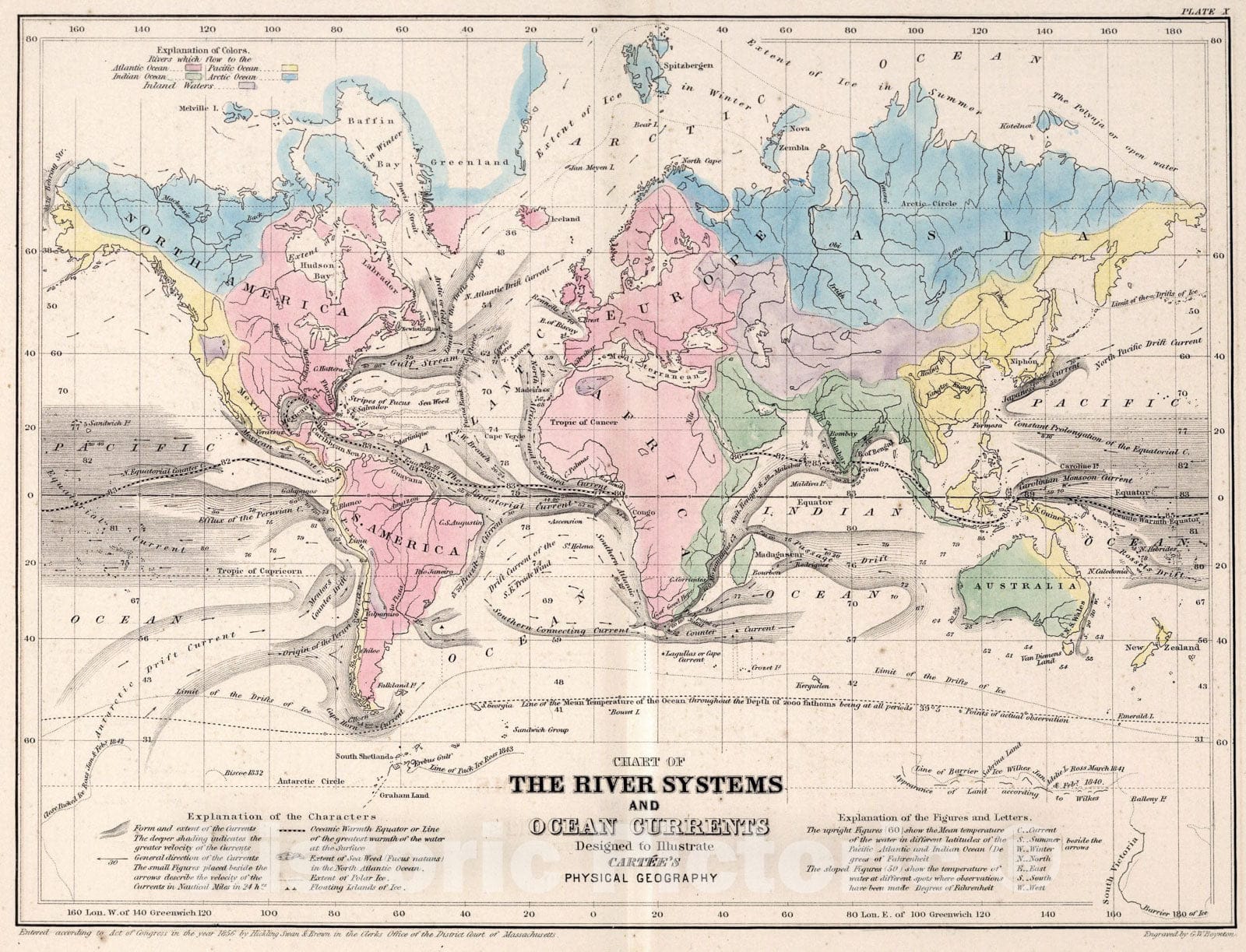 Historic Map : The river systems and ocean currents, 1856, Vintage Wal ...