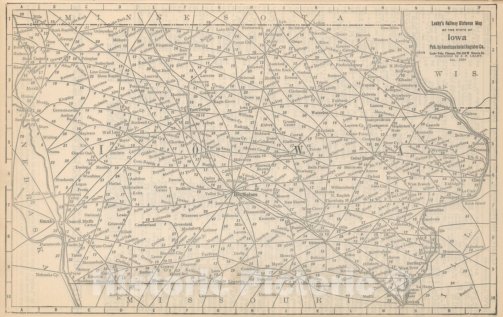 Historic Map : Railway Distance Map of the State of Iowa, 1934, Vintag ...