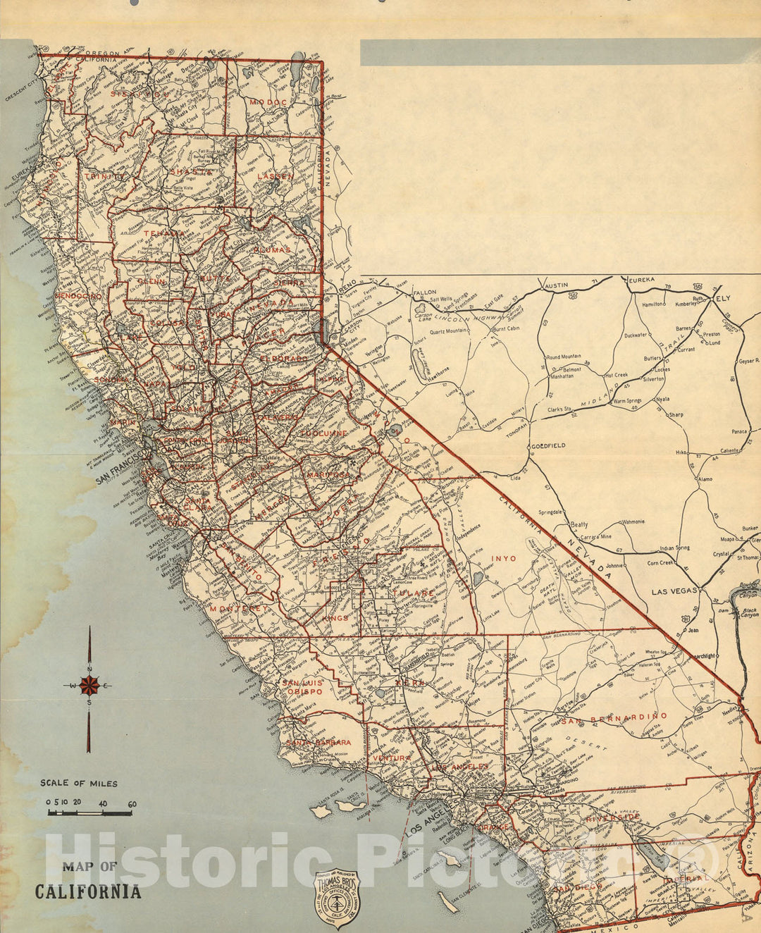 Historic Map : (County and Road) Map of California., 1938, Vintage Wal ...