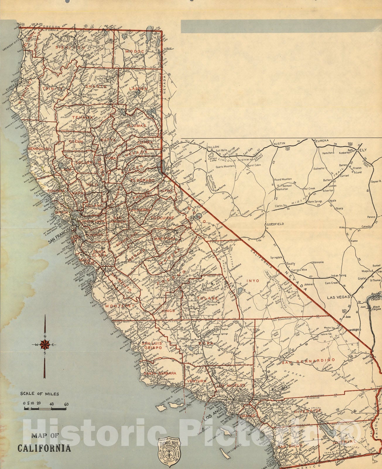 Historic Map : (County and Road) Map of California., 1938, Vintage Wal - Historic Pictoric