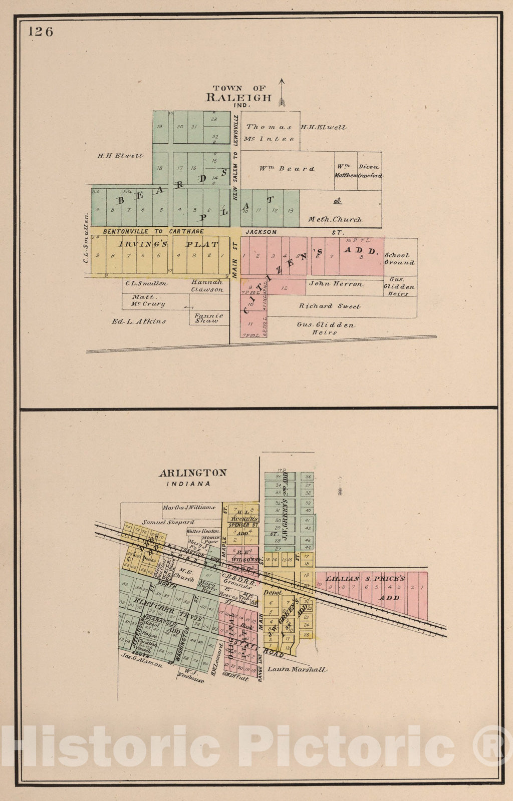 Historic Map : Raleigh and Arlington, Rush County, Indiana., 1908, Vin ...