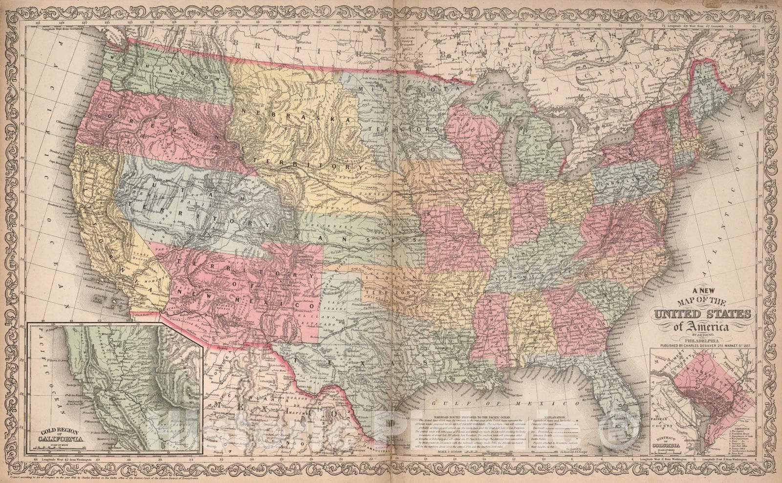Historic Map : A New Map of the United States of America, 1857, Vintag ...