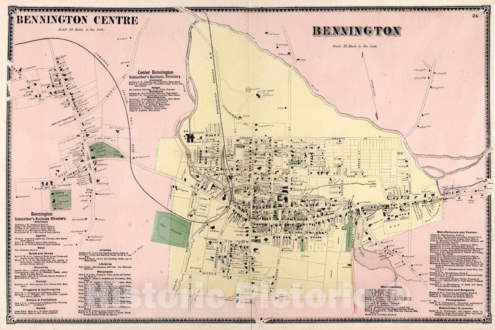 Historic Map : Bennington Centre; Bennington, Vermont., 1869, Vintage ...