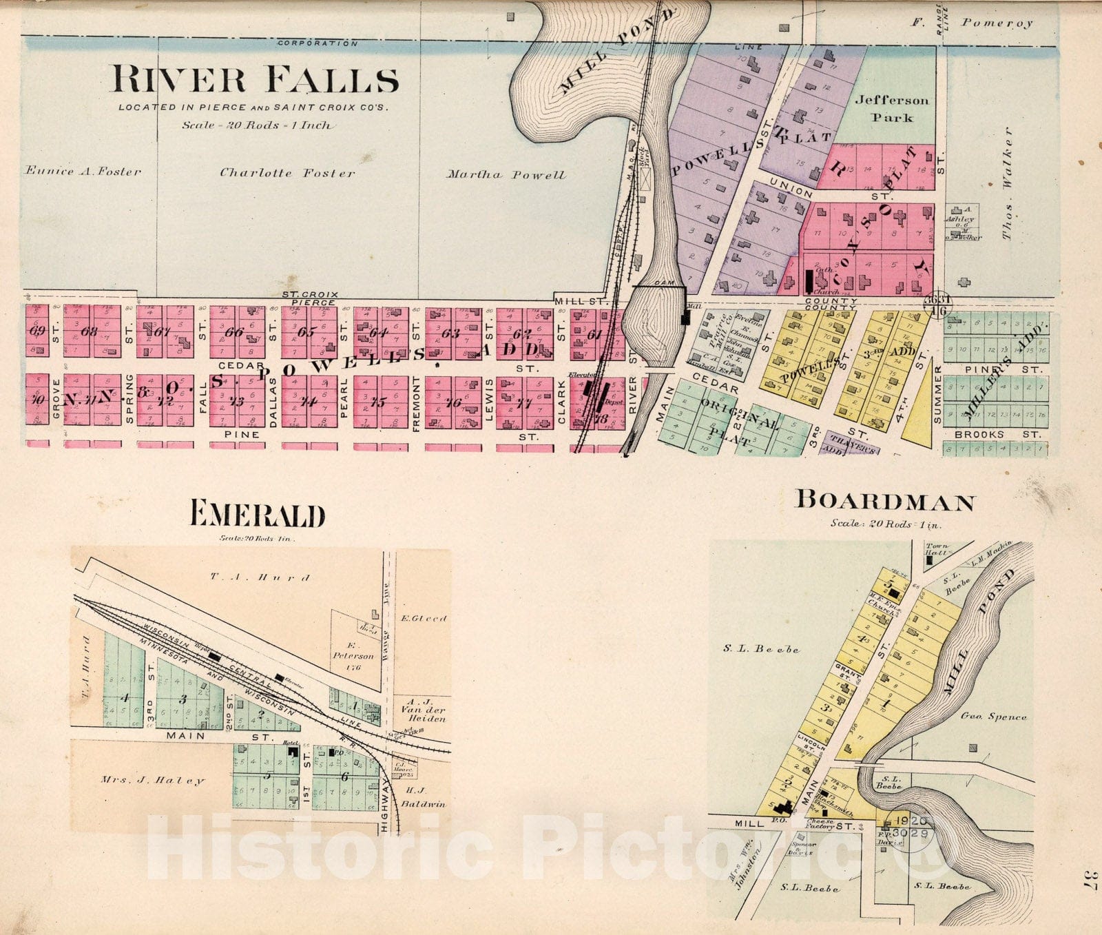 Historic Map : River Falls. Emerald. Boardman, Wisconsin., 1897, Vinta ...
