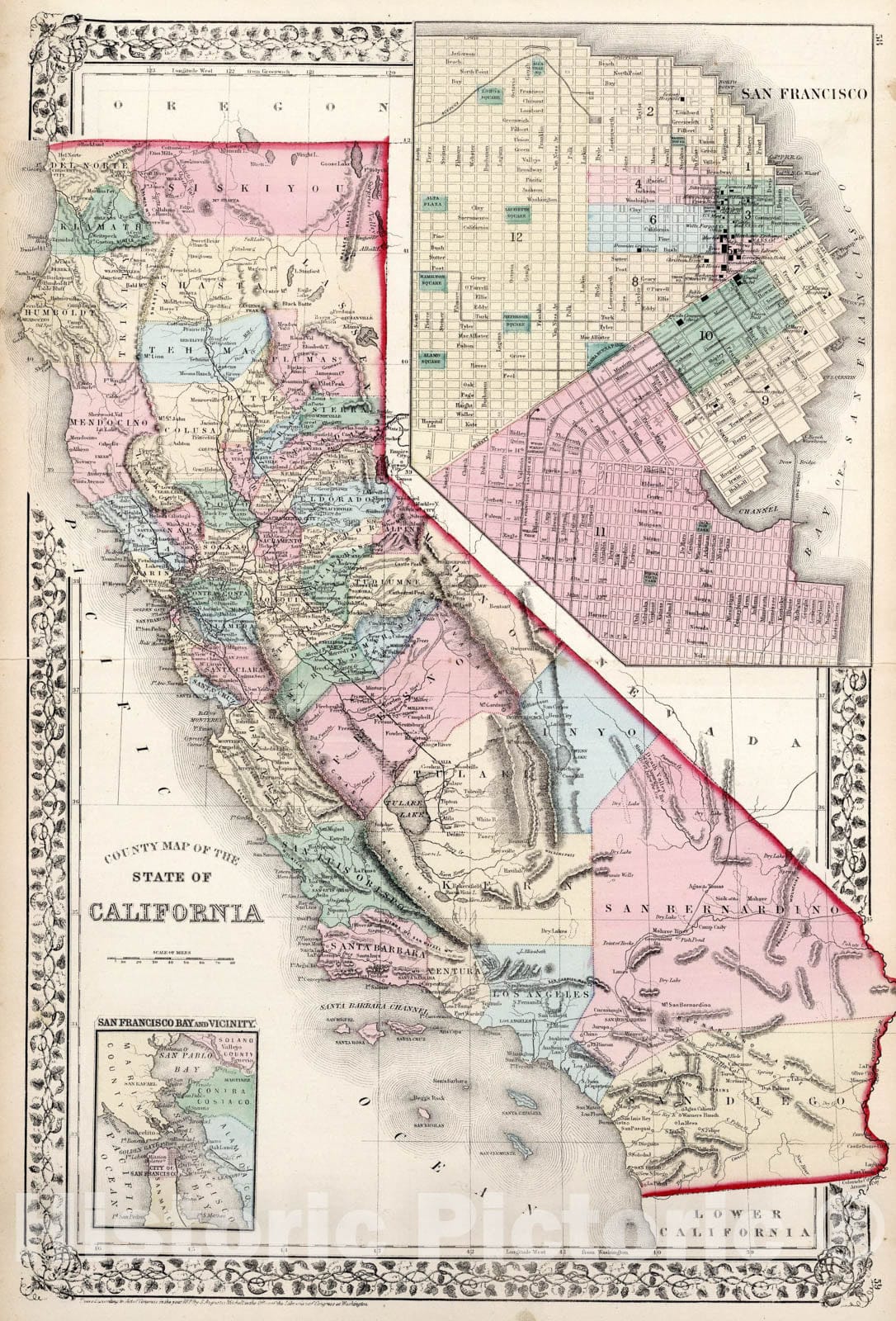 Historic Map : County map of the state of California, 1874, Vintage Wa ...