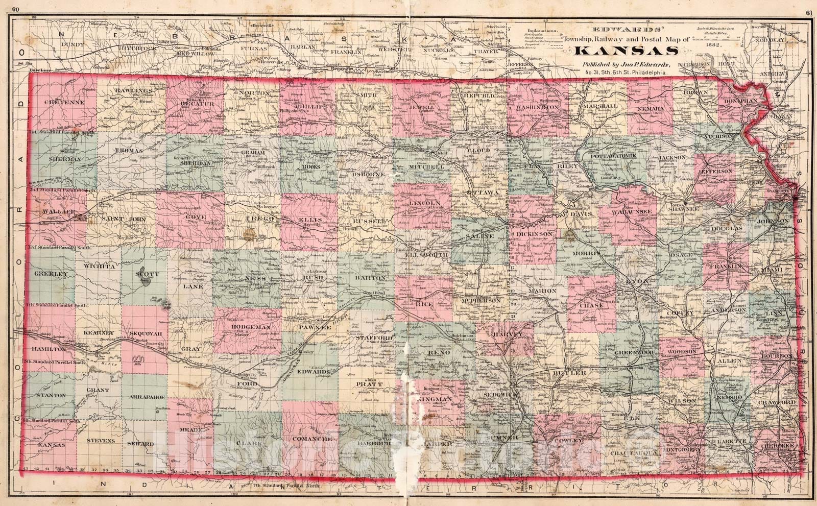 Historic Map : Railway and Postal Map of Kansas., 1882, Vintage Wall A ...