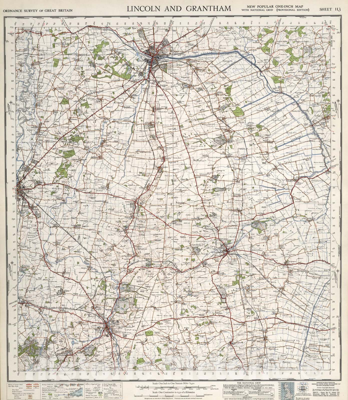 Historic Map : Sheet 113. Lincoln and Grantham., 1947, Vintage Wall Ar ...