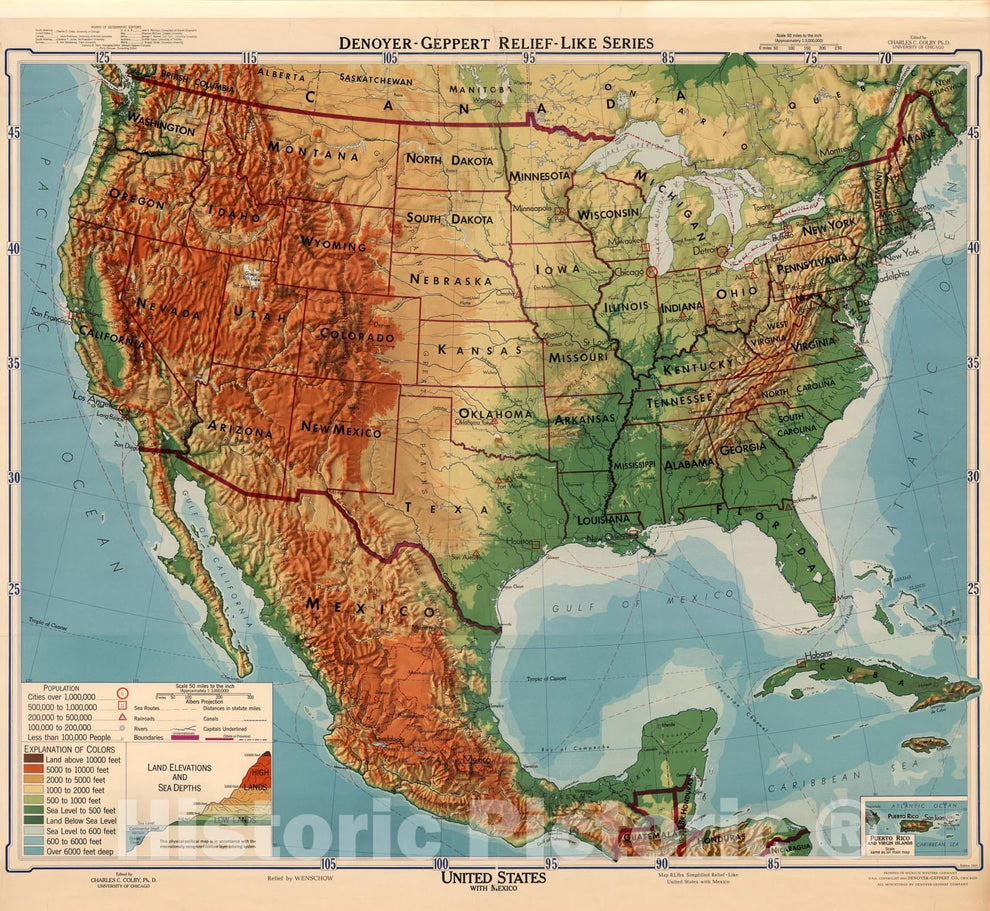 Historic Map : United States & Mexico -- Physical-Political., 1955, Vi ...