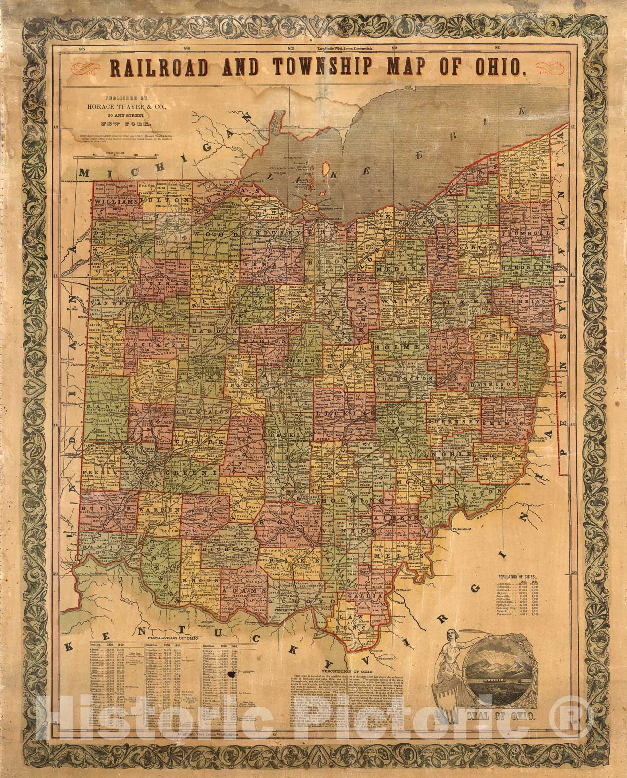 Historic Map : Railroad and township map of Ohio, 1852, Vintage Wall A ...