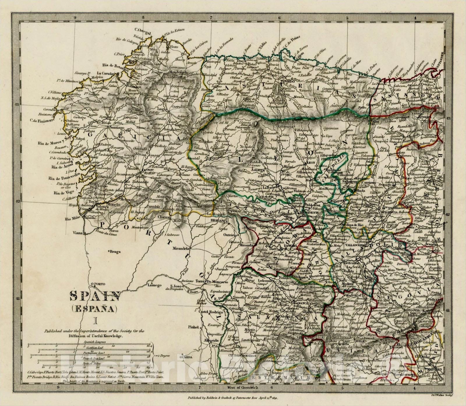 Historic Map : Spain (Espa?) 1 (Northwestern Spain), 1831, SDUK, Vinta ...