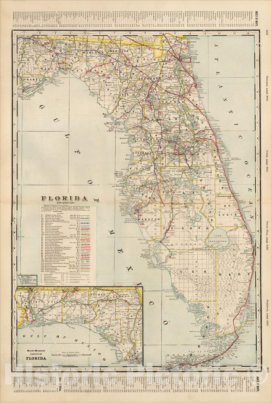 Historic Map : Florida [Railroad Map], 1893, George F. Cram, Vintage W ...