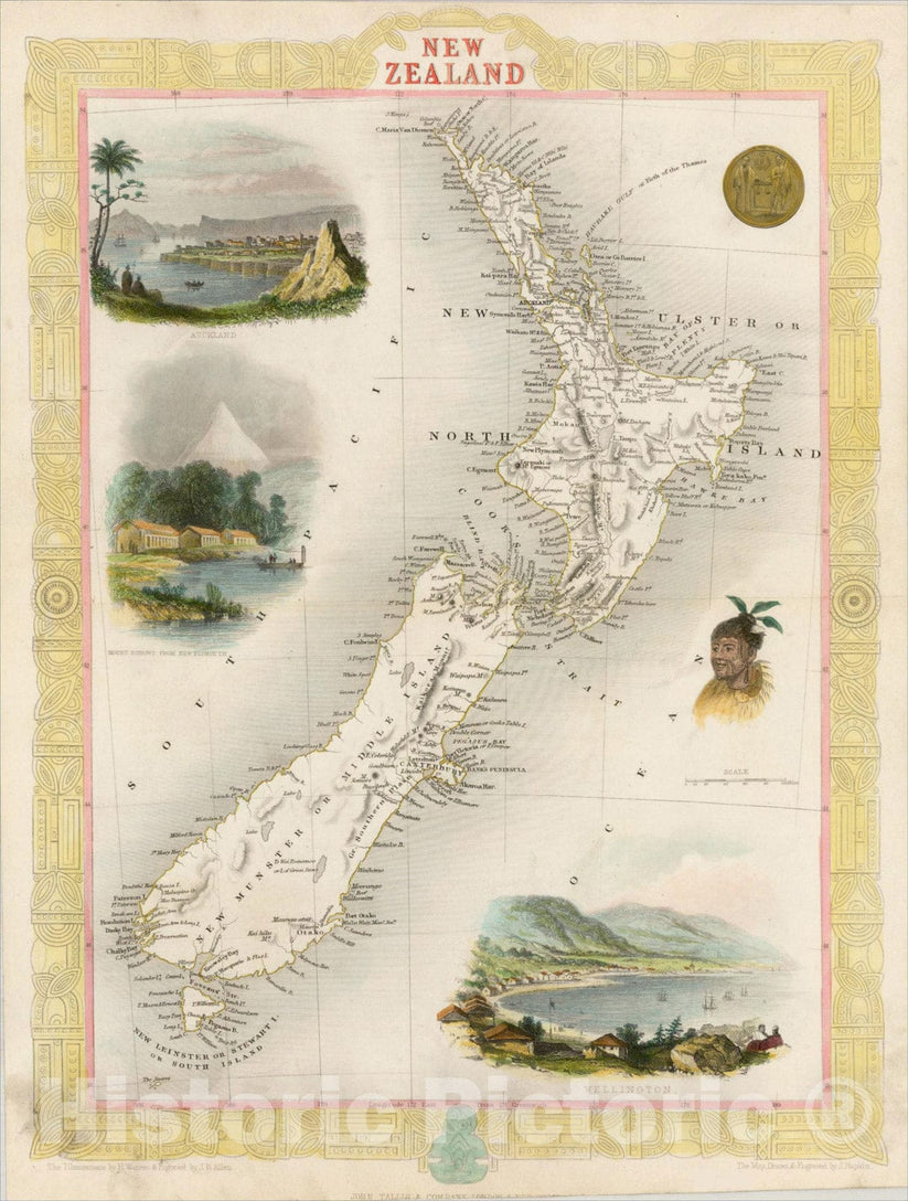 Historic Map : New Zealand, 1851, John Tallis, v1, Vintage Wall Art – Historic Pictoric