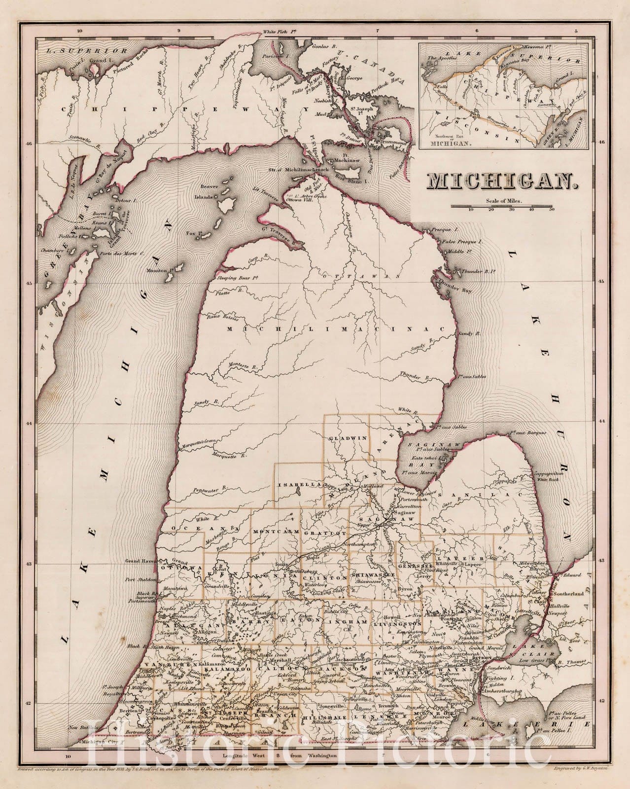 Historic Map : Michigan, 1838, Thomas Gamaliel Bradford, Vintage Wall ...